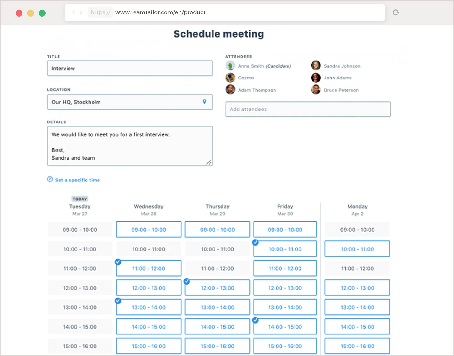 Real-time availability is at the core of Teamtailor’s interview scheduling